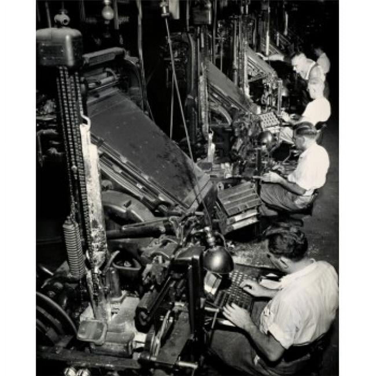 High Angle View of a Group of Male Workers Operating Linotype Machines ...