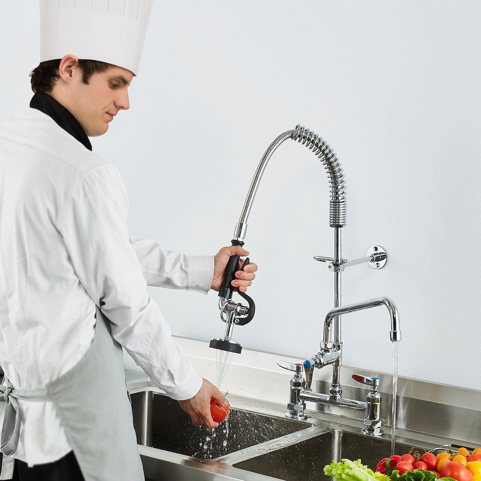 High-Arc Commercial Sink Faucet with Pull-Out Pre-Rinse Spray, 26" Tall ...