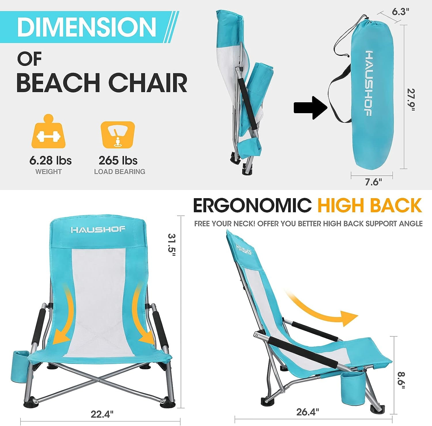 High Back Beach Chair - Mesh Back Folding Chair with Cup Holder, Padded ...
