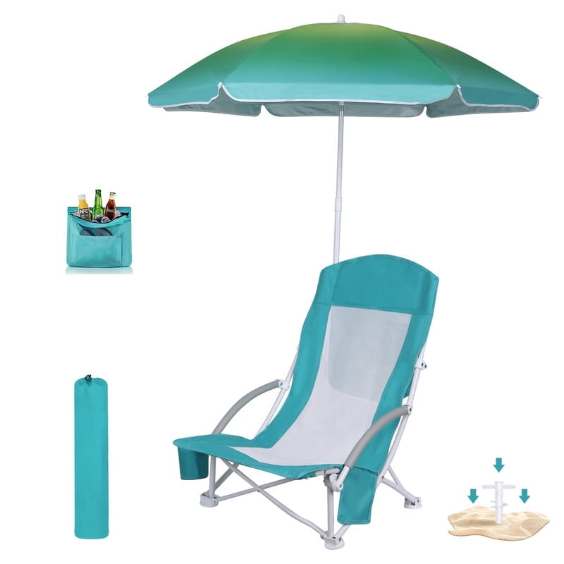 High-Back Beach Chair with Umbrella & Cooler, Heavy-Duty Compact Chair ...