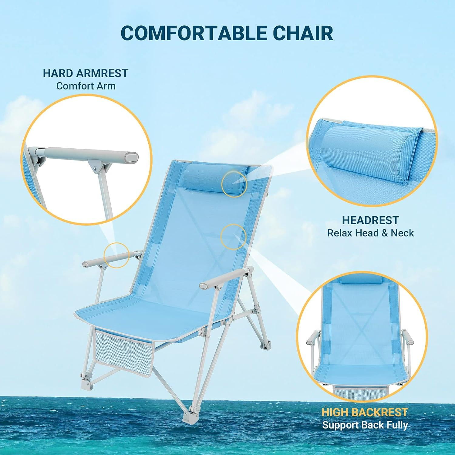High Back Beach Chairs Portable Low Folding Beach Chair for Adults with ...