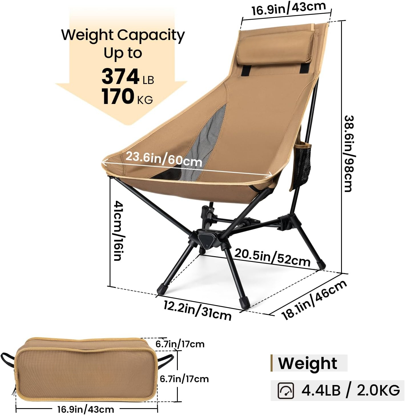 High Back Camping Chair with Pillow, Comfortable Widened Seat Folding ...