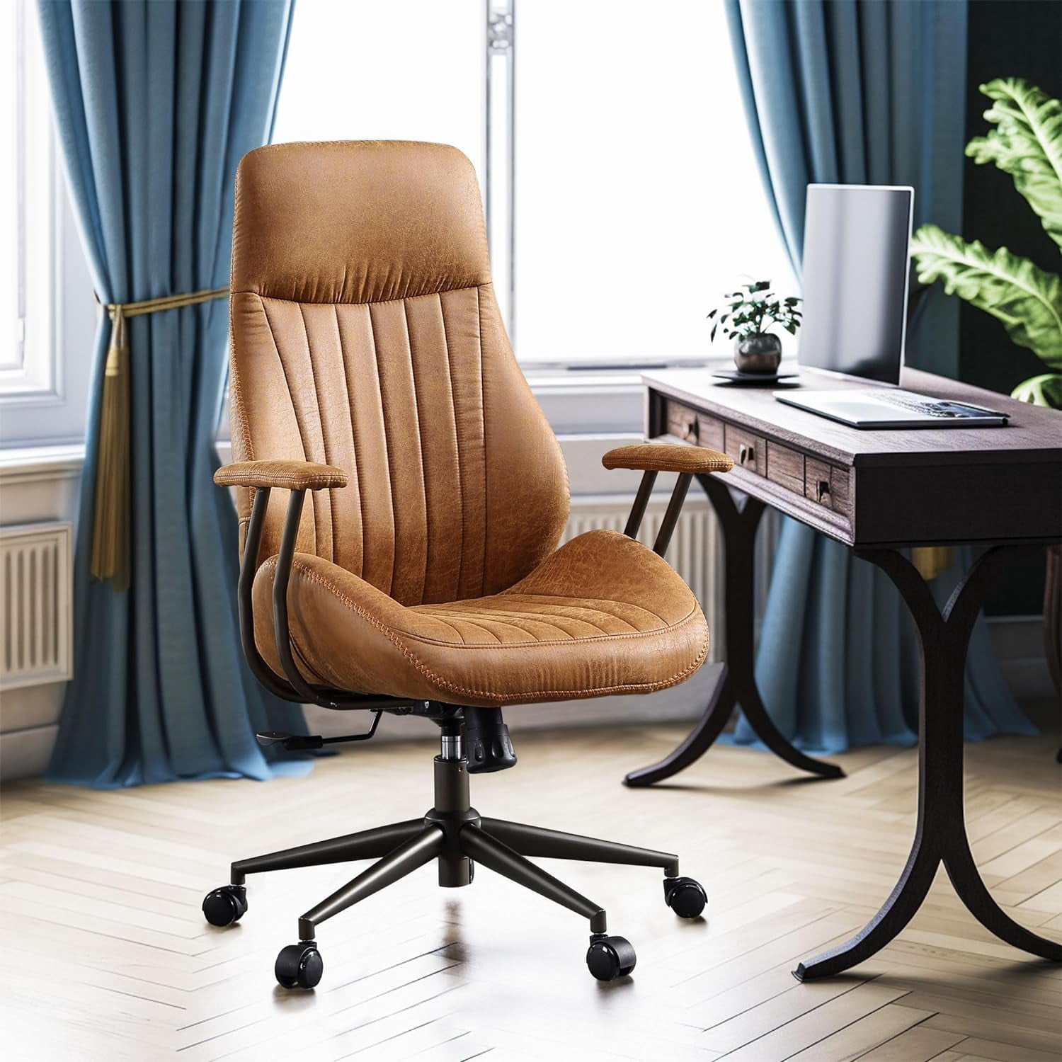 High Back Chair Swivel Chair Brown Suede Fabric Gaming Chair Height ...