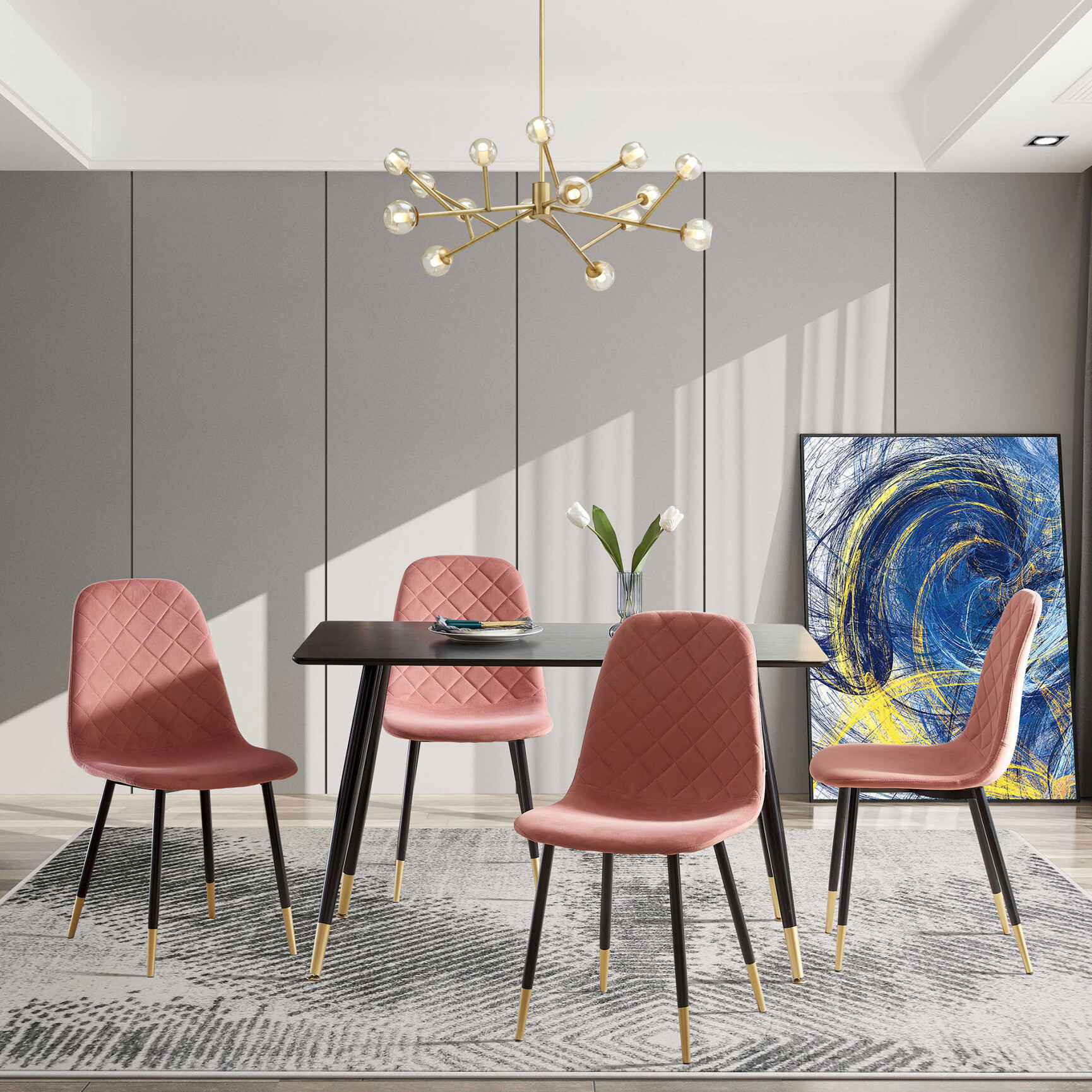 High-Back Dining Chairs Set of 4, Velvet Tufted Accent Chair with Gold ...