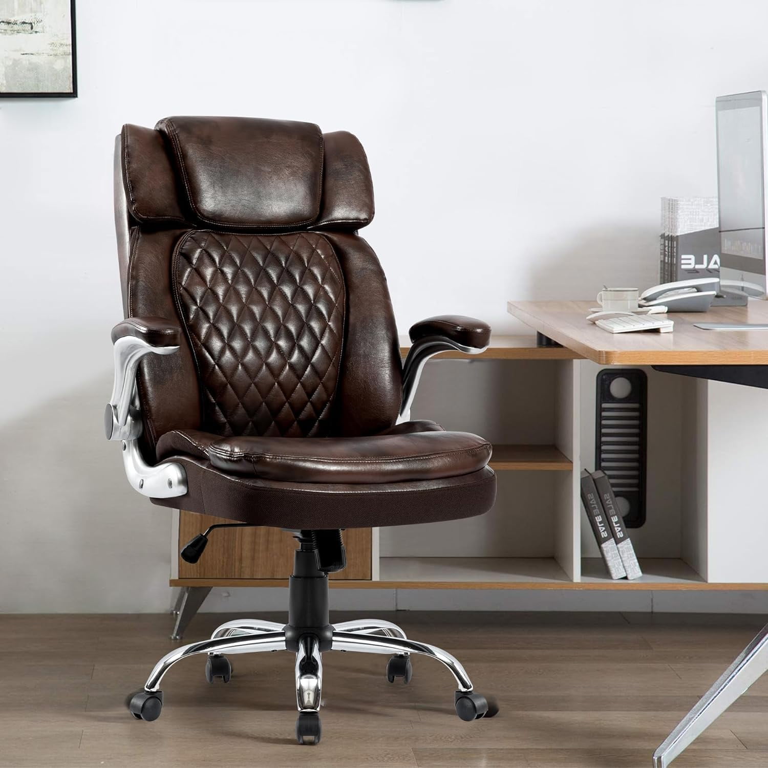 High Back Ergonomic Office Chair Flip Arms Big & Tall Executive Swivel ...