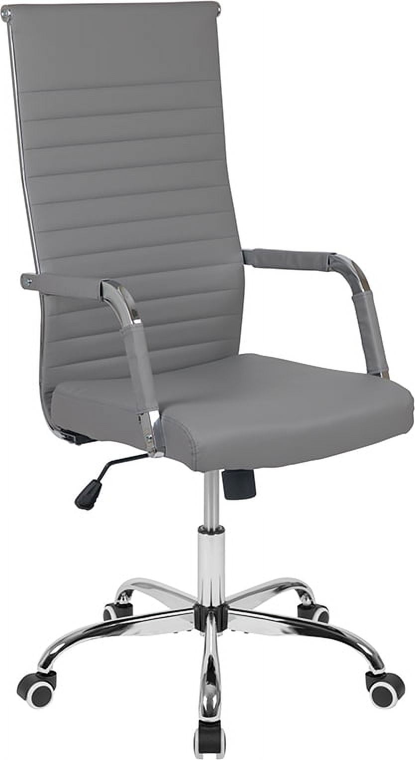 High Back Gray LeatherSoft Mid-Century Modern Ribbed Office Chair with ...