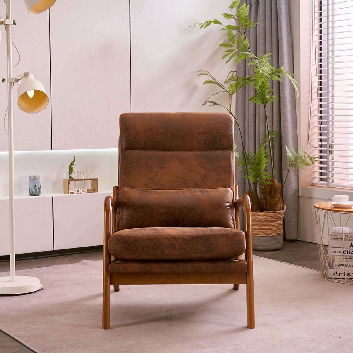 High-Back Indoor Lounge Chair with Solid Wood Armrests and Bronzing ...