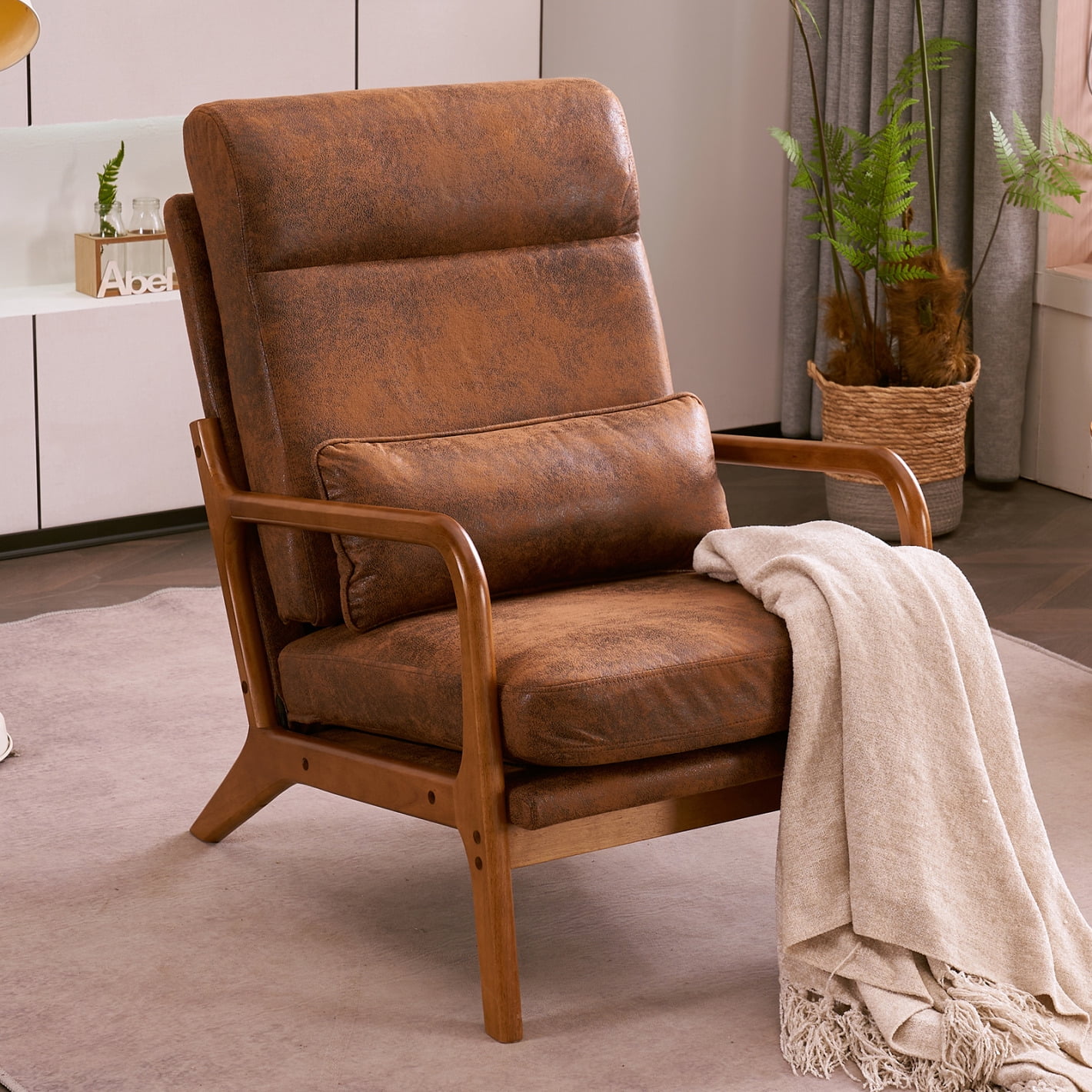 High Back Leisure Chair with Arm Rest, Solid Wood Armchair with Cushion ...