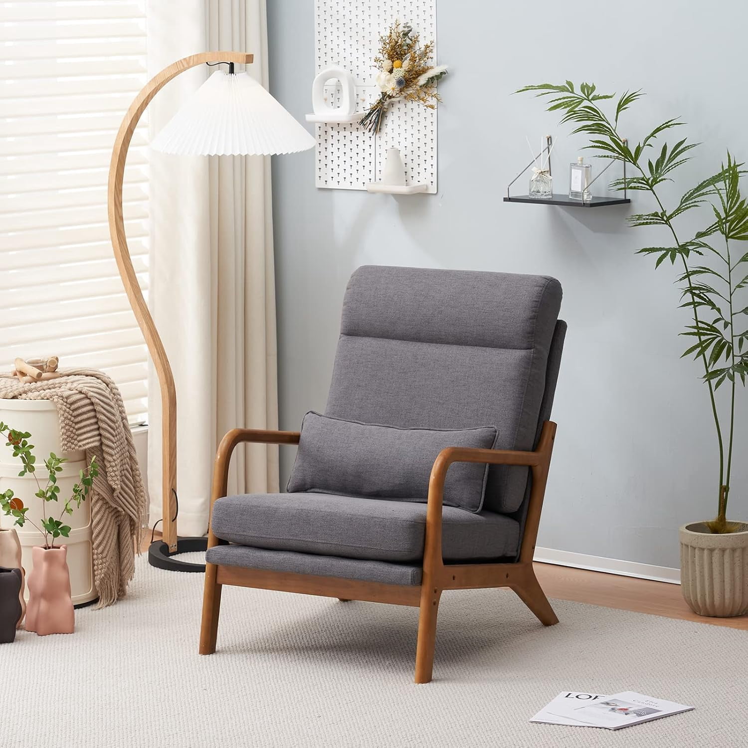 **high back linen dark grey mid century modern accent chair, soild wood ...