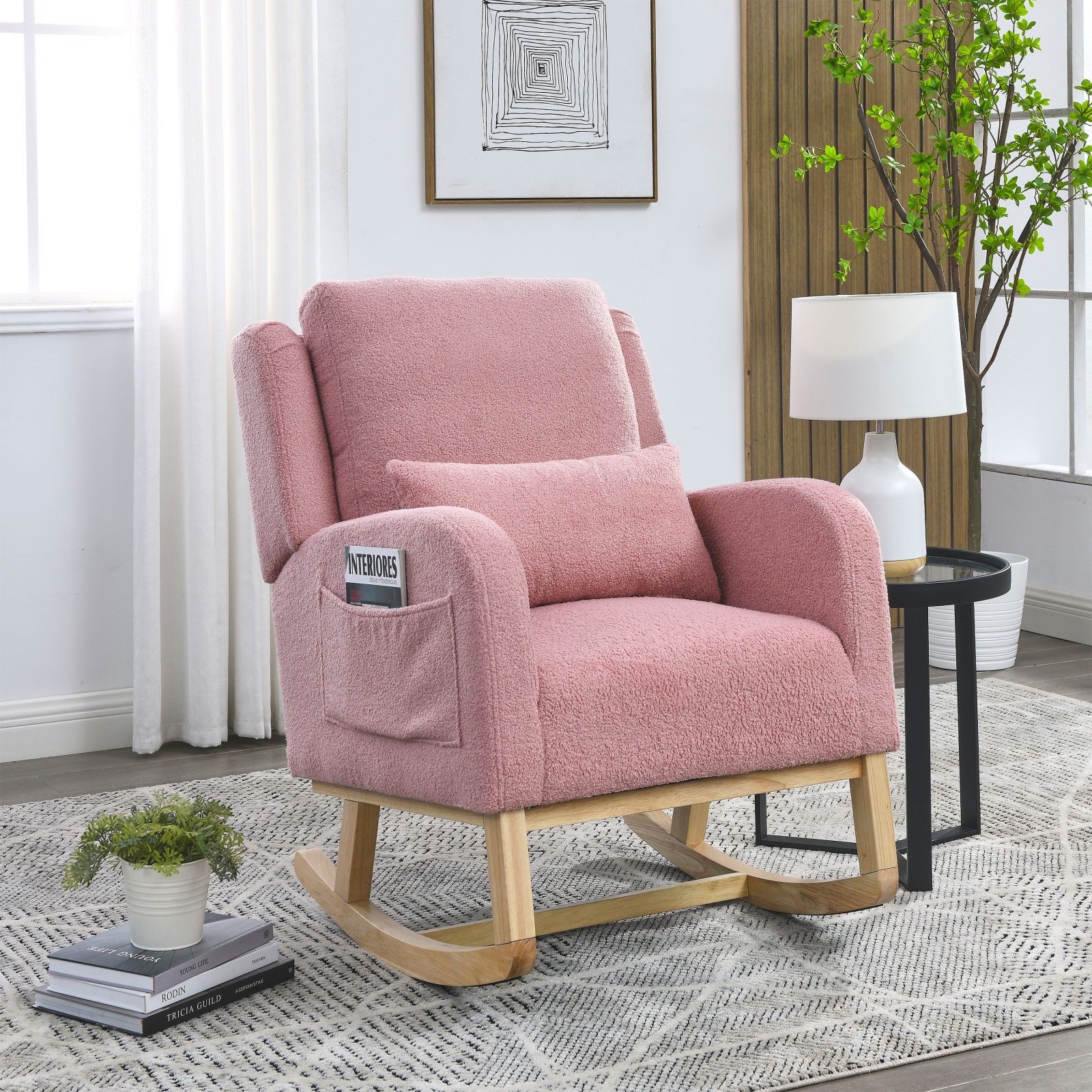High Back Rocking Chair with Lumbar Pillow and Two Side Pockets,27.5 