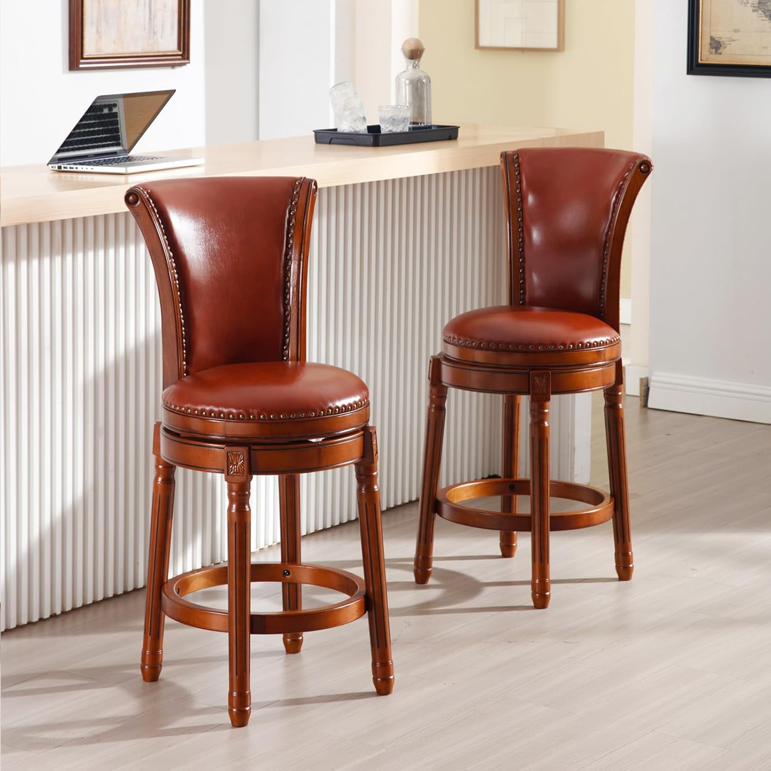High Back Swivel Bar Stool Solid Wood Barstool with Full-Grain Genuine ...