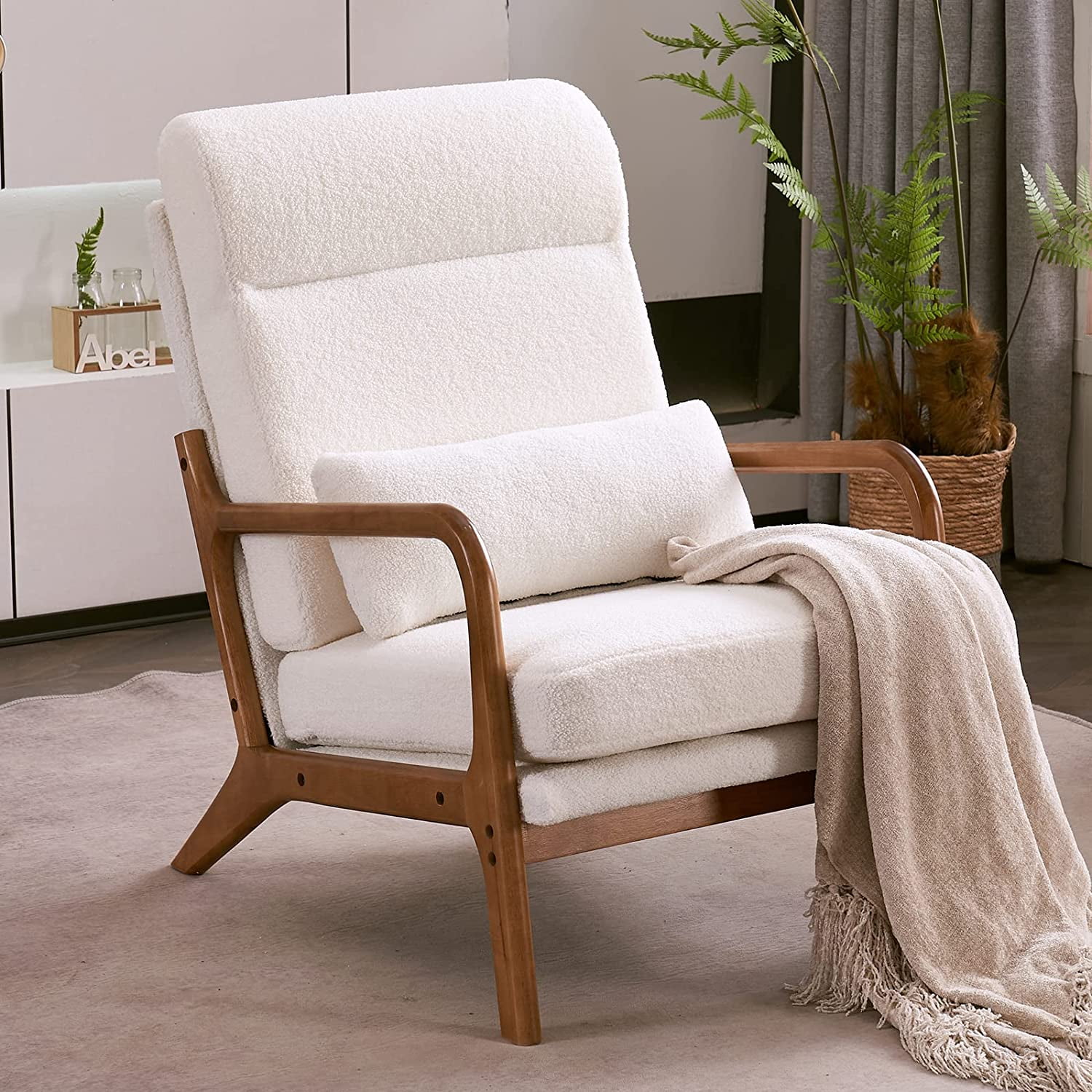 High Back Teddy Fleece White Mid Century Modern Accent Chair, Soild ...
