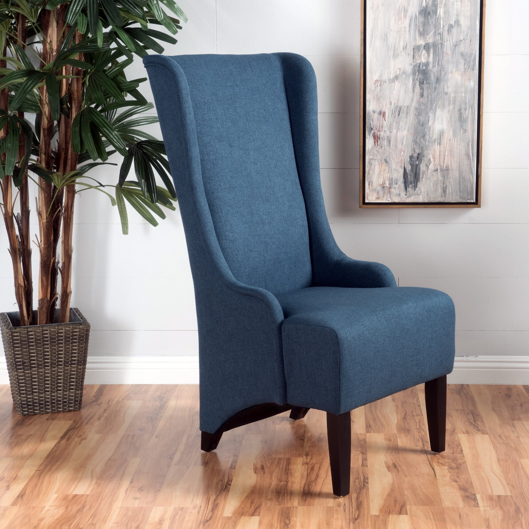 High Back Wing-Back Dining Chair with Navy Blue Fabric Upholstery ...