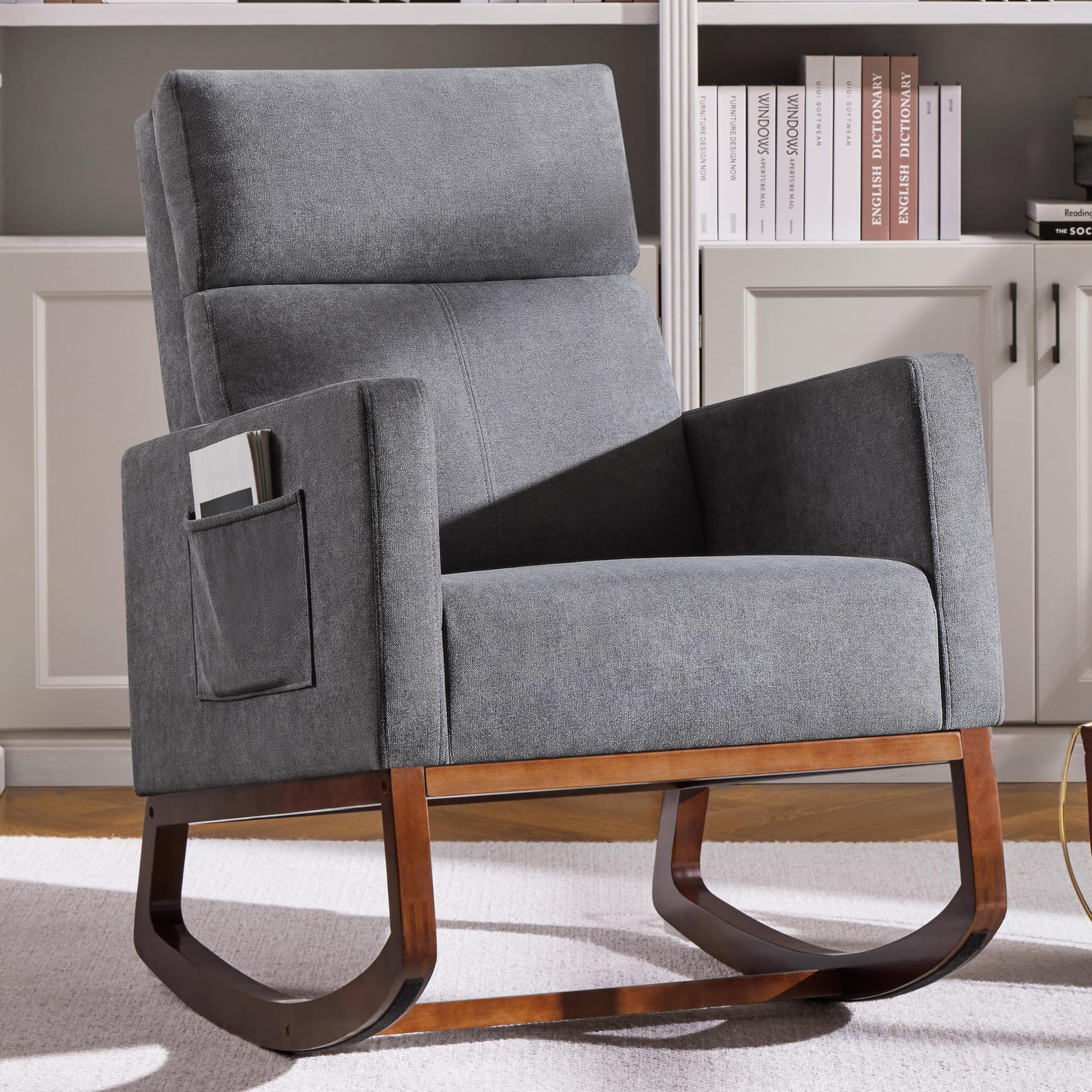 High Backrest Nursery Rocking Chair with Side Pocket, Upholstered ...