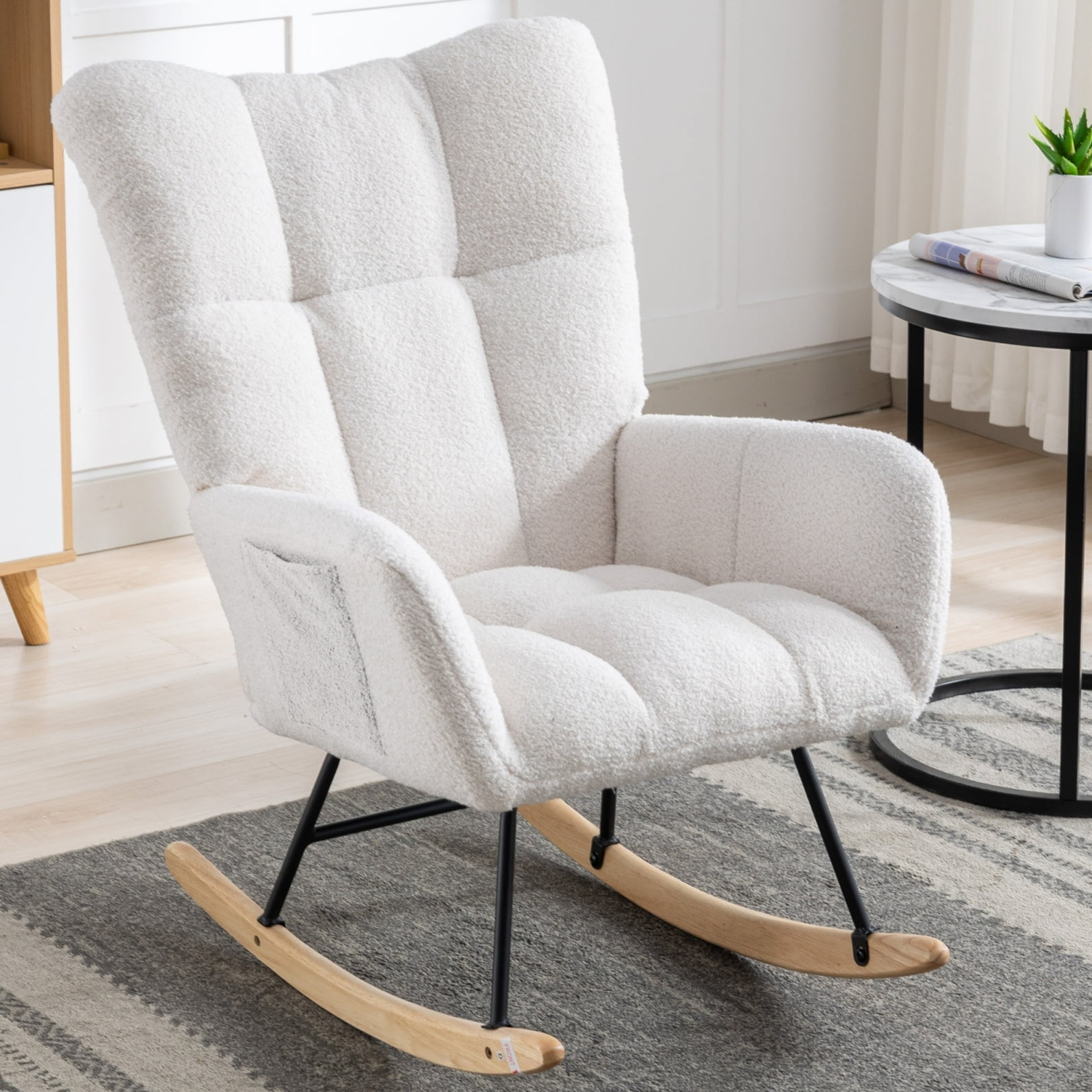 High Backrest Upholstered Rocking Chair, Teddy Armchair with Pocket ...