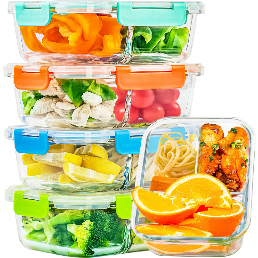 High Borosilicate Glass Food Storage Containers Set, 2/3 Grids Glass Meal Prep Containers With ...