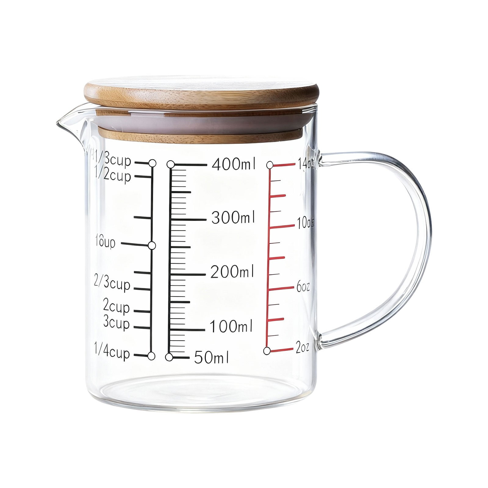 High Borosilicate Glass Measuring Cup with V-Shaped Spout & Wooden Lid ...