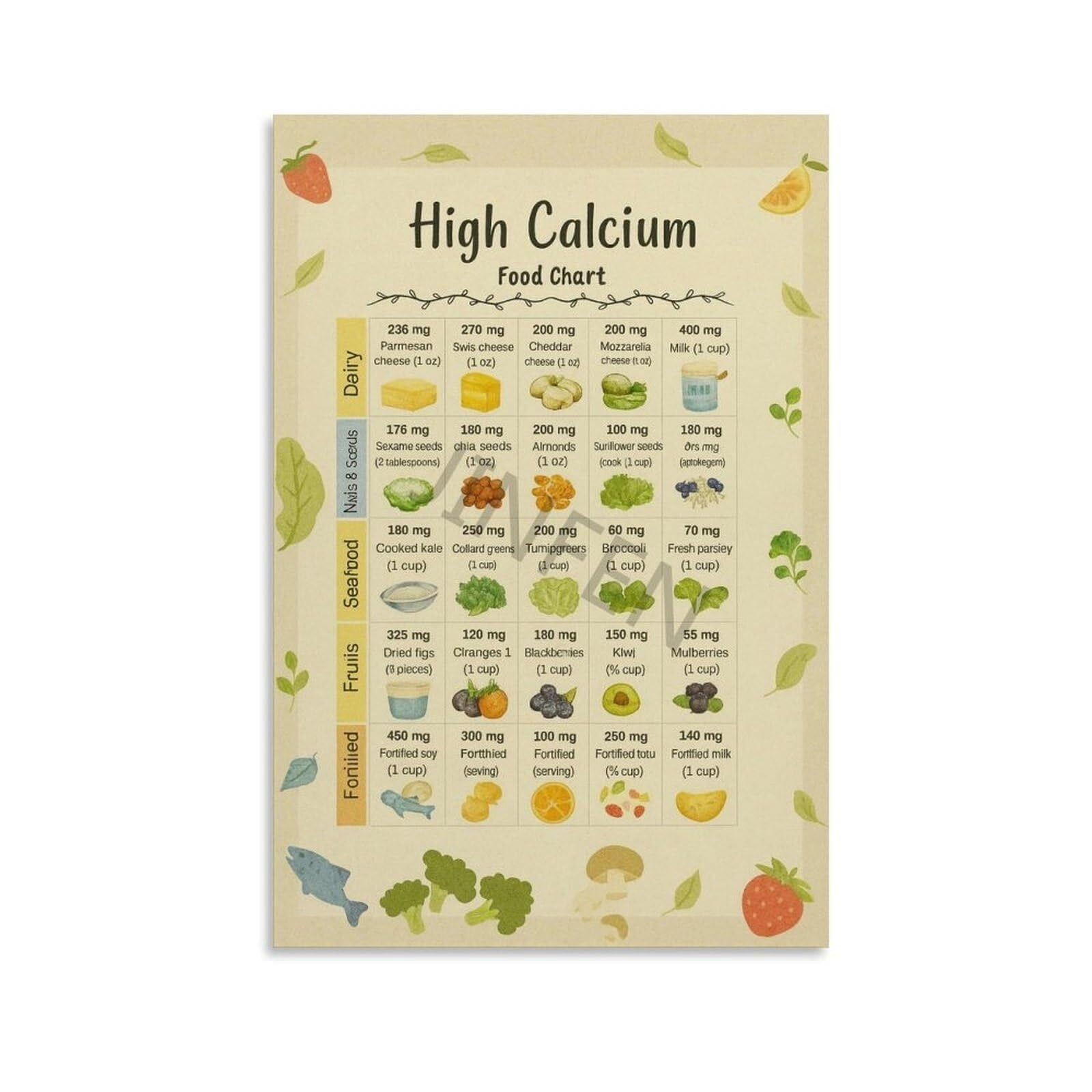 High Calcium Food Chart Poster Healthy Diet List Guide Kitchen Decor3 ...