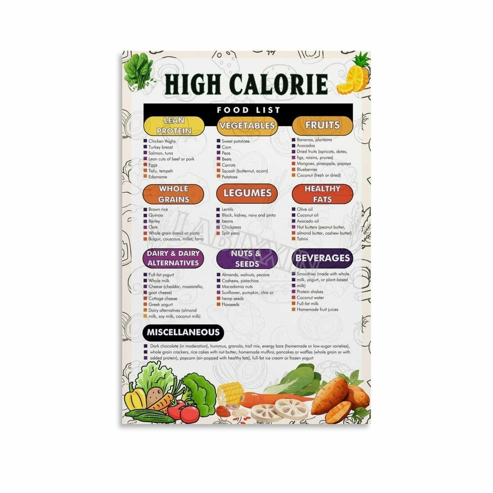 High-Calorie Food List Poster Kitchen Diet Guide Wall Art Canvas for ...