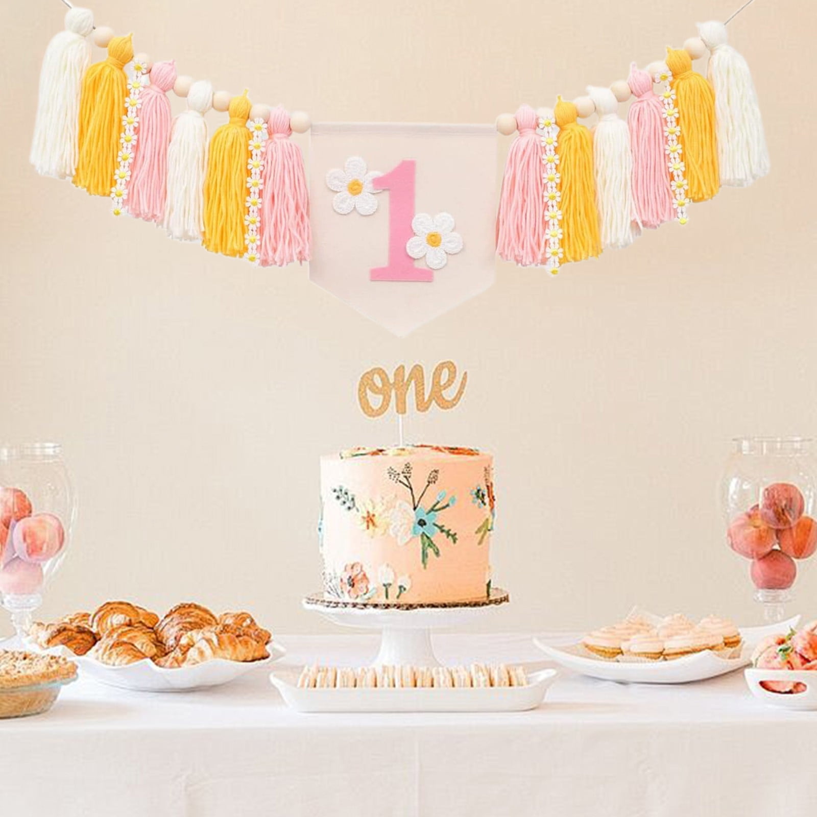 High Chair Tassel Garland | Daisy Theme Pink Cloth Banner | 1st ...