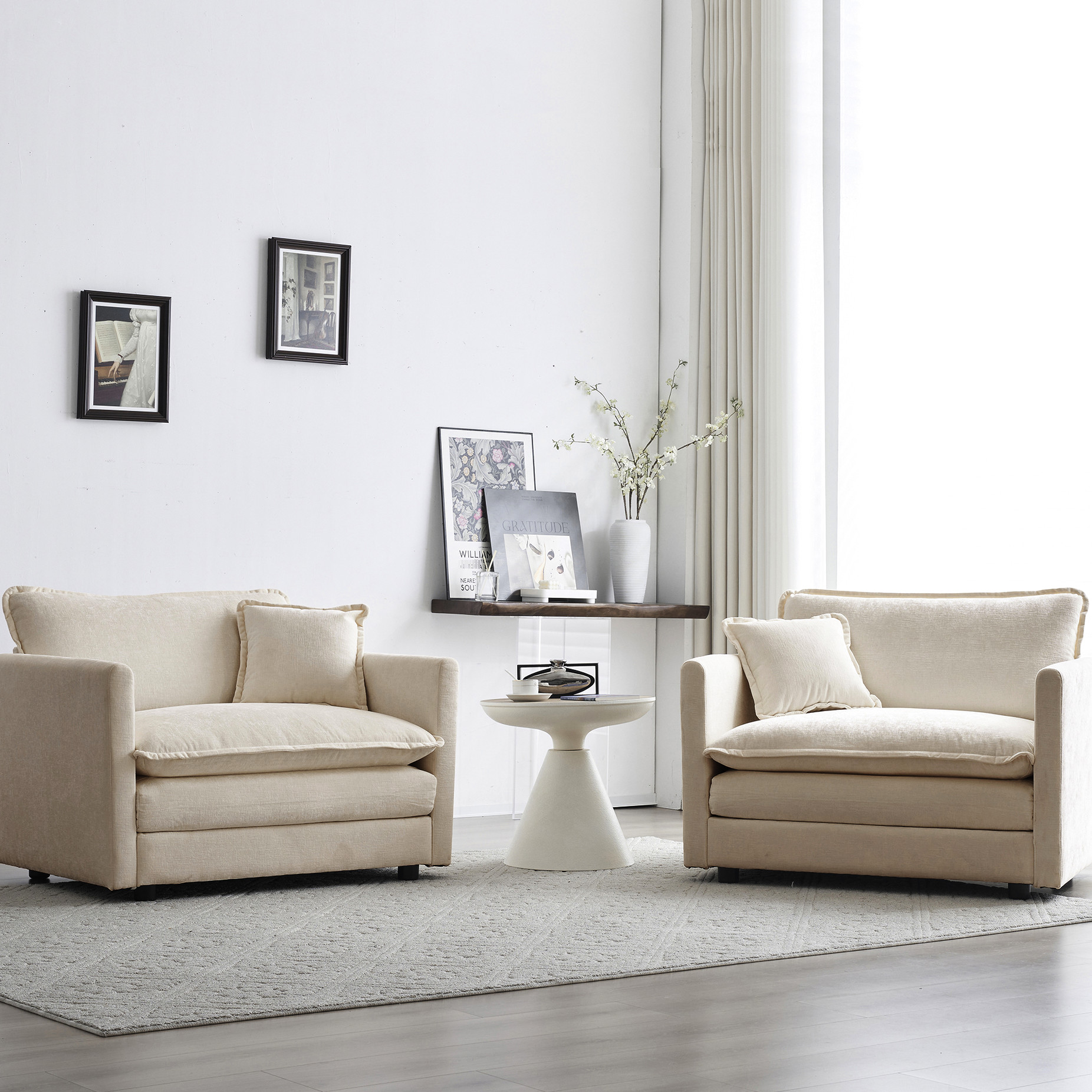 High Chenille Accent Chairs (2), Beige, Wooden Frame, Soft Cushioning ...