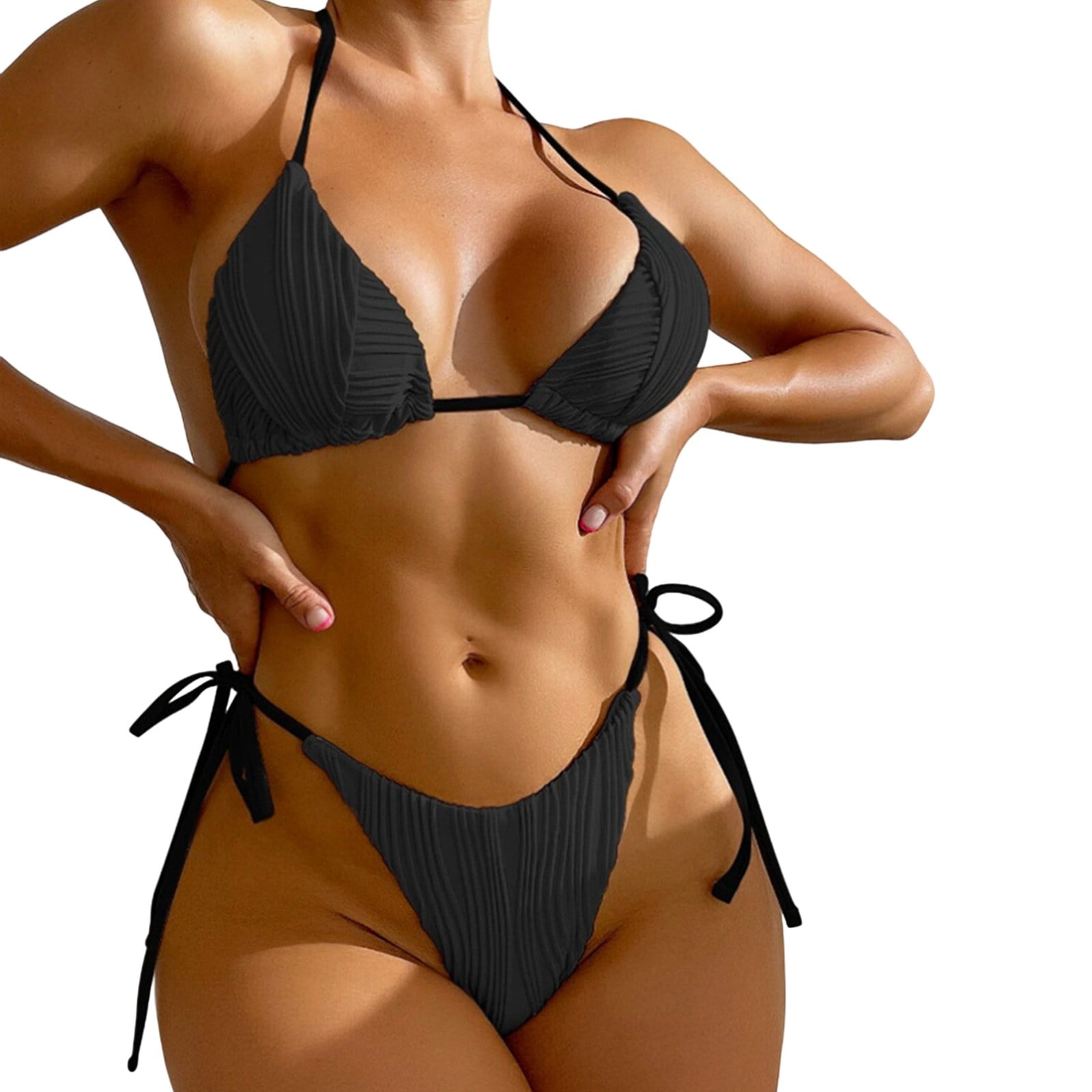 High Cut Bikini Solid Suspender Thong Strap Bikini Swimsuit