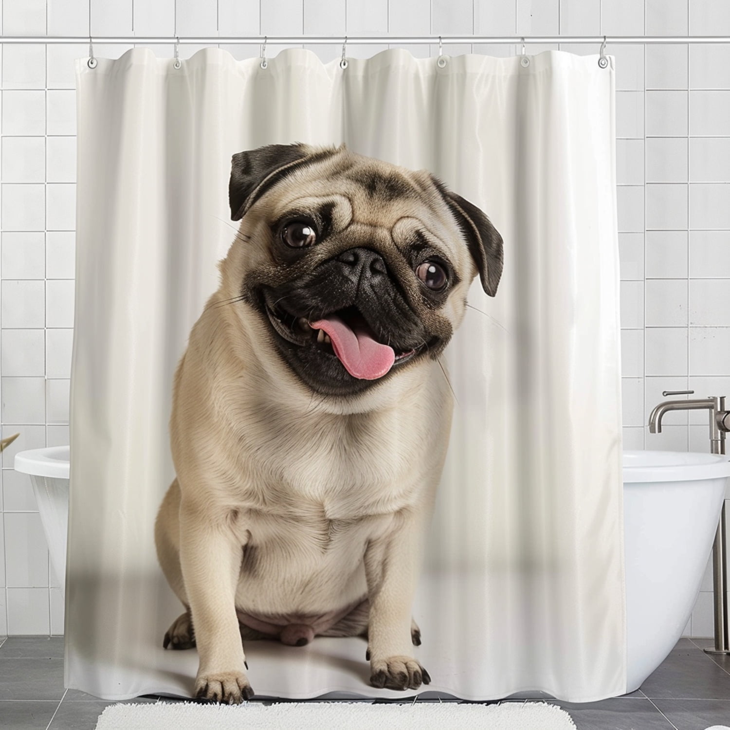 High Definition Pug Portrait Shower Curtain Cute Pug with Tongue Out on ...