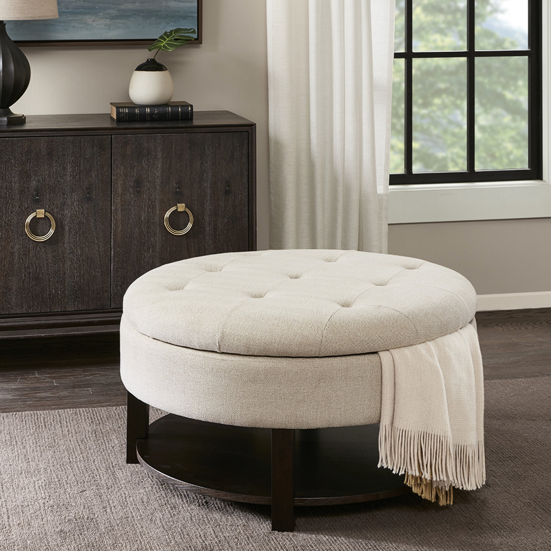 High Density Foam Filled With Dark Brown Wood Finish Modern Round ...