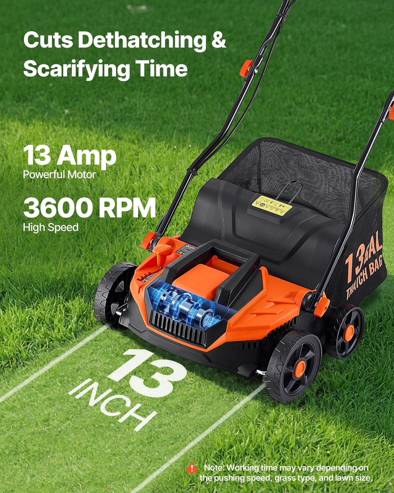 High-Efficiency 2-in-1 Electric Dethatcher and Aerator, 13-Inch Working ...
