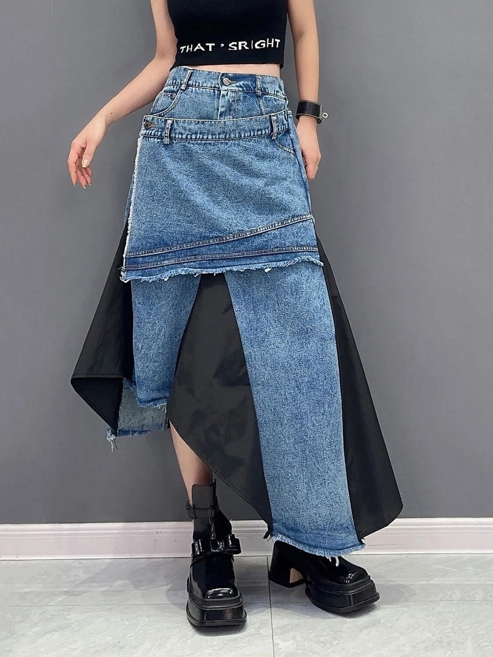 High Elastic Waist Black Denim Color-block Irregular Half-body Skirt ...