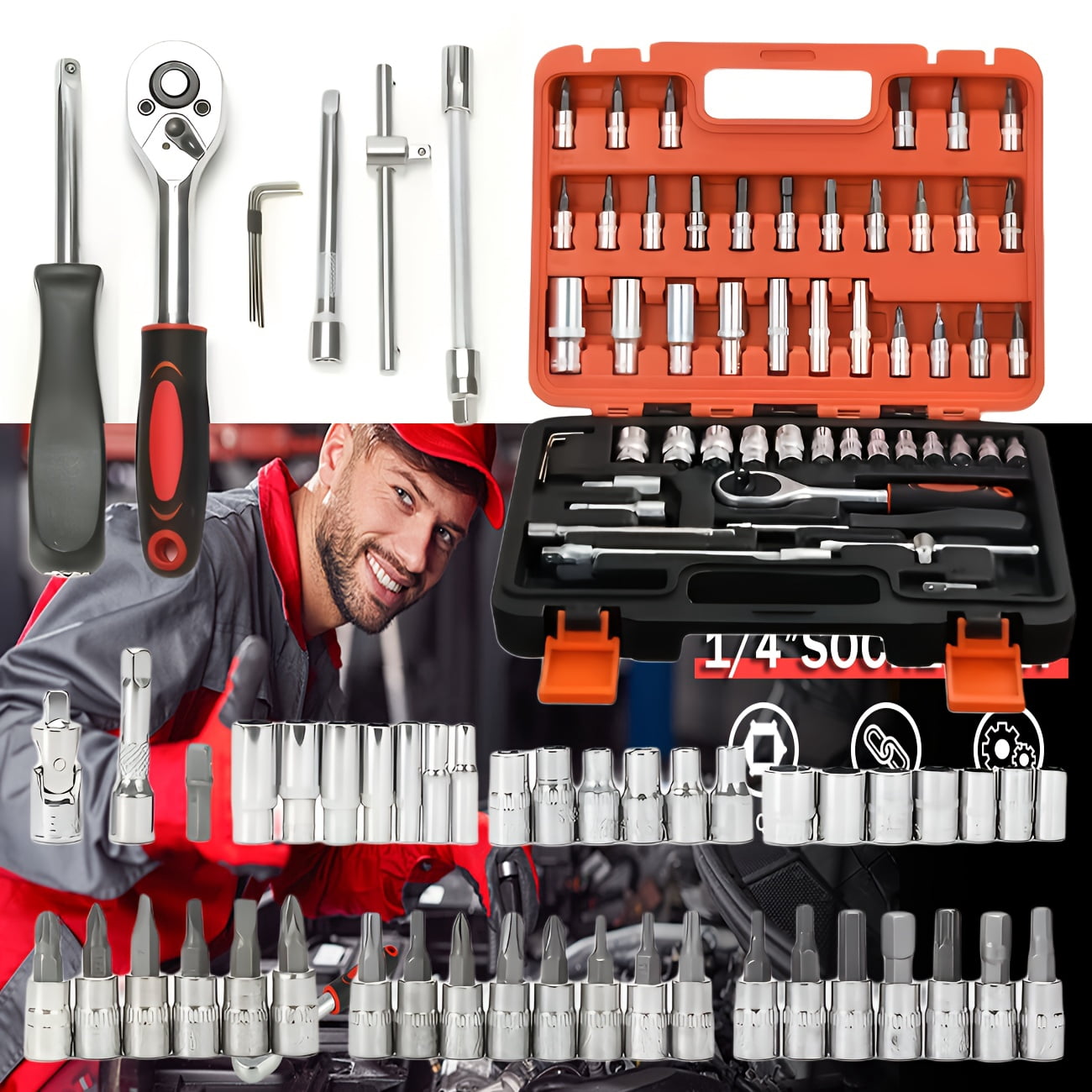 High-End 52/46pcs 1/4" Drive Tool Set - Ratchet Wrench Depth/Standard Sockets for Car/Bicycle ...