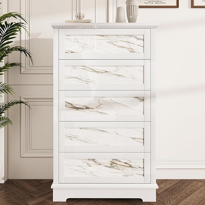 High Gloss 5 Drawer Dresser, 49" Height Closet Dresser with Natural ...