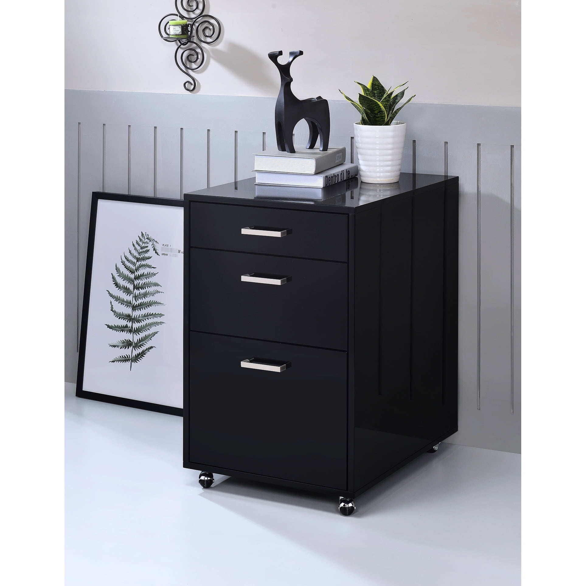 High Gloss & Black File Cabinet - 3 Drawer Design, , 18" X 22" 28"h, No ...