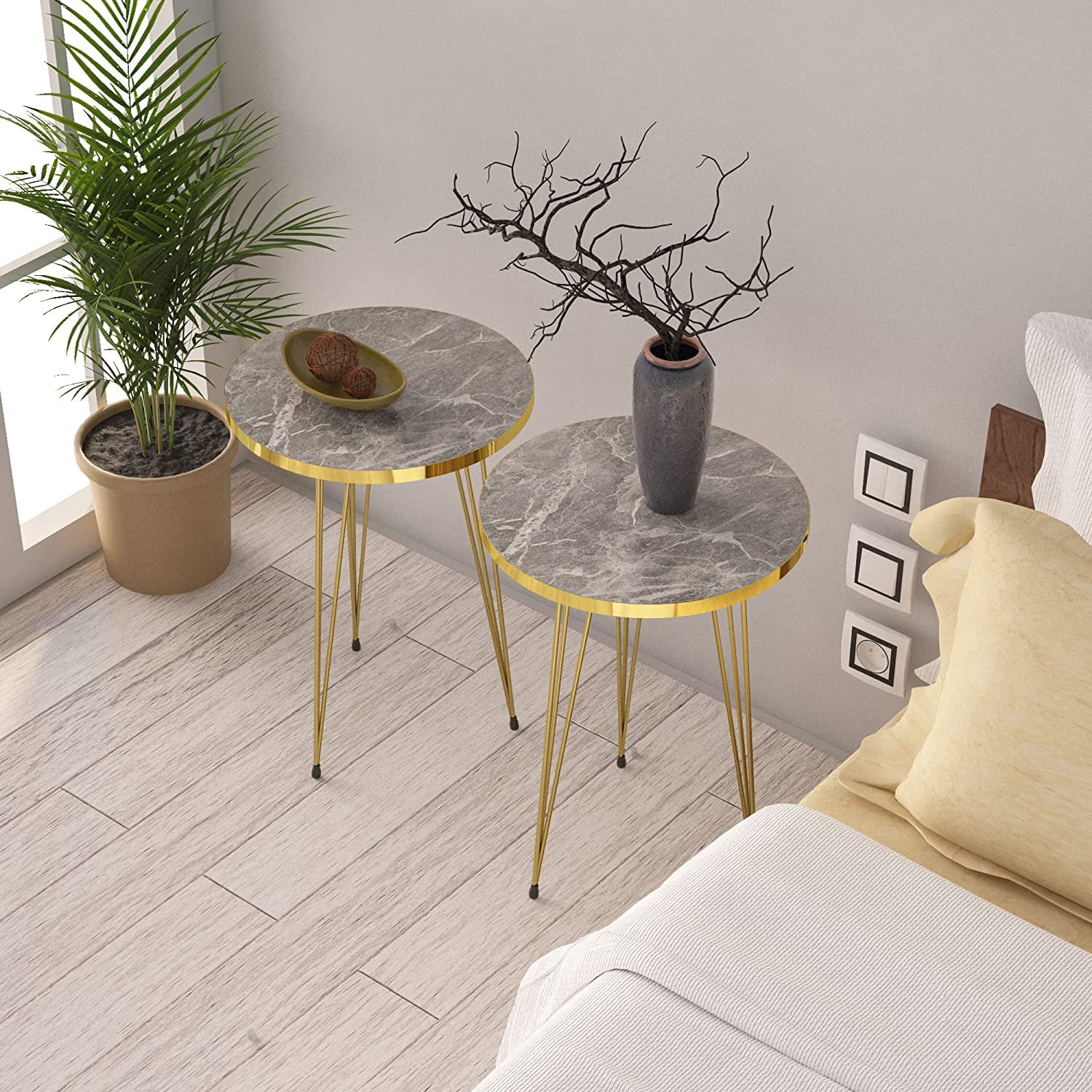 High Gloss Brown Marble Look End Tables Round Wood Sofa Side Coffee ...