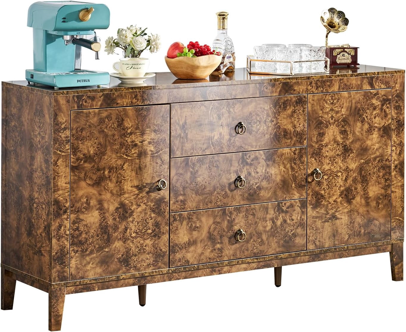 High Gloss Burl Buffet Sideboard Cabinet 60" Large Wood Sideboard ...