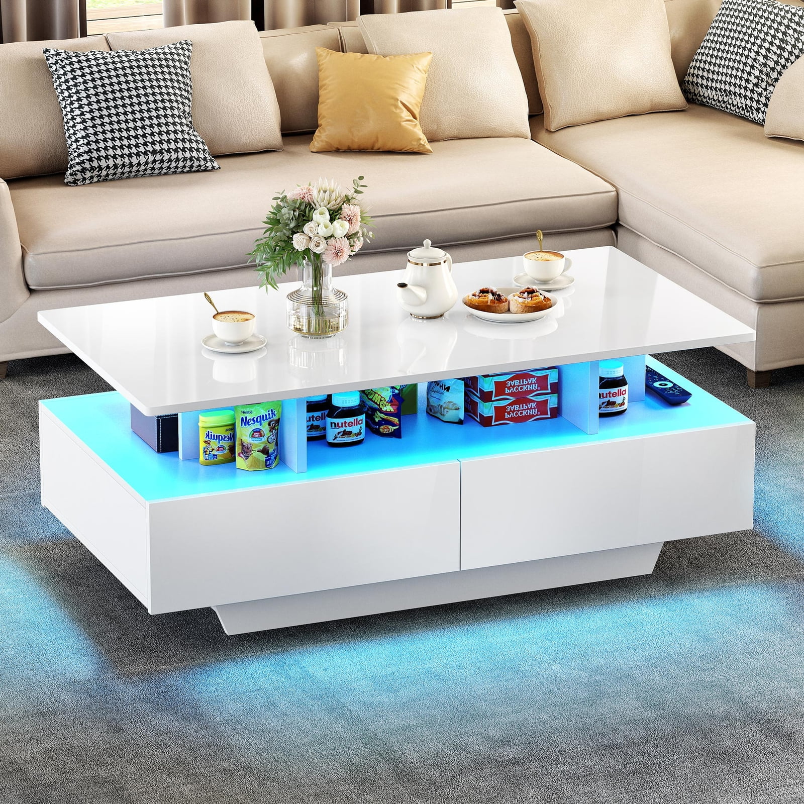 High Gloss Coffee Table Center Cocktail Table with LED Light & 4 ...