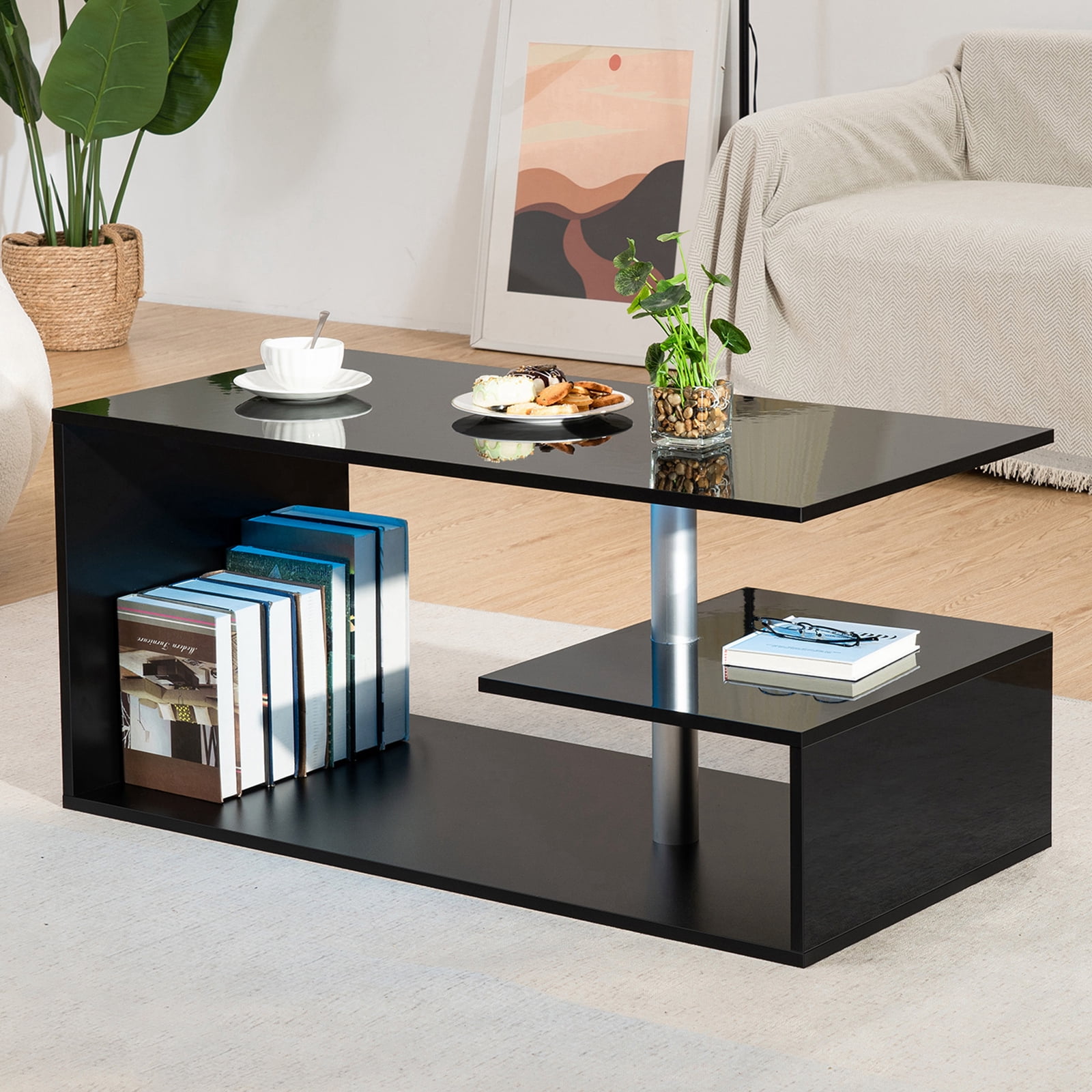 High Gloss Coffee Table Cocktail Tables G Shape LED Coffee Center Table ...