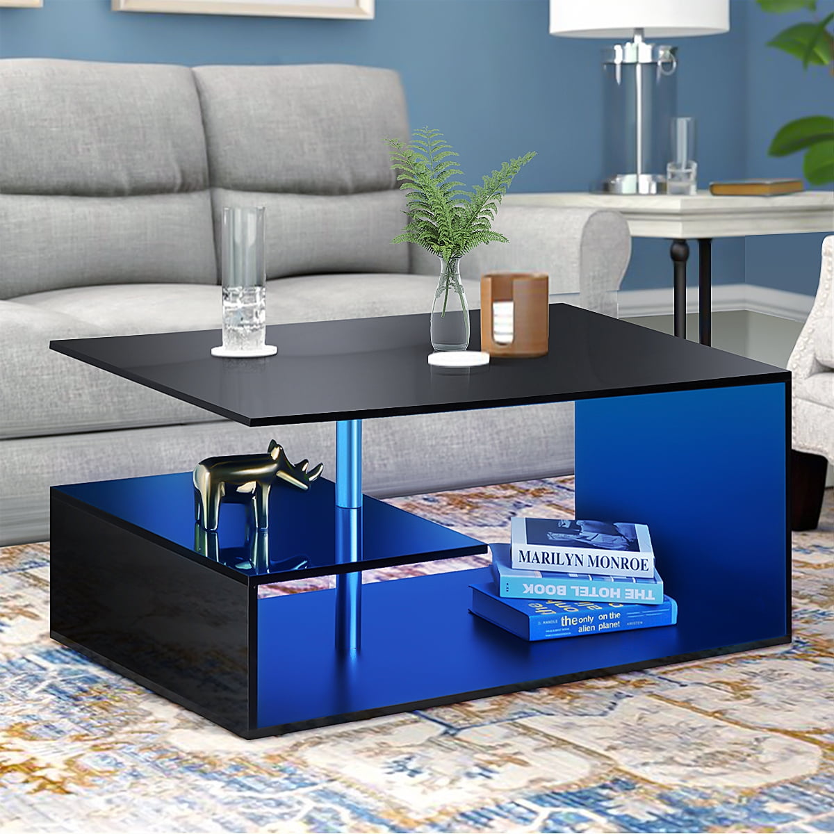 High Gloss Coffee Table Cocktail Tables G Shape LED Coffee Center Table ...