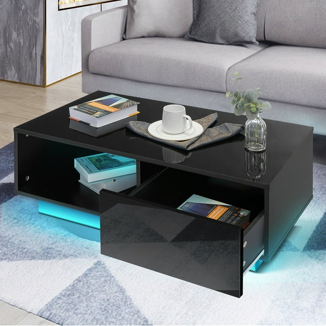 High Gloss Coffee Table with 16 Colors LED Lights, Living Room Storage ...