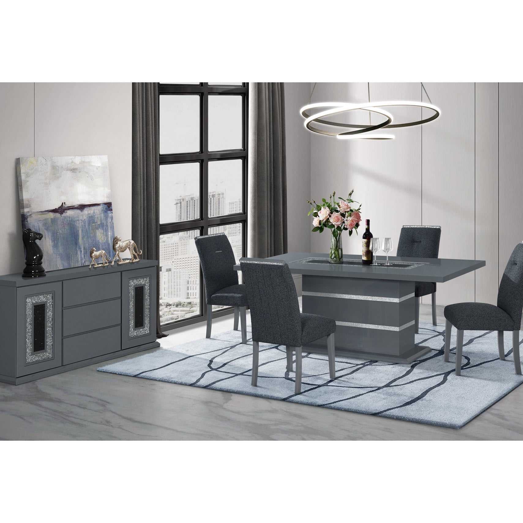 High Gloss Dark Gray Dining Set, Pedestal Base / Trendy Dining Setup ...