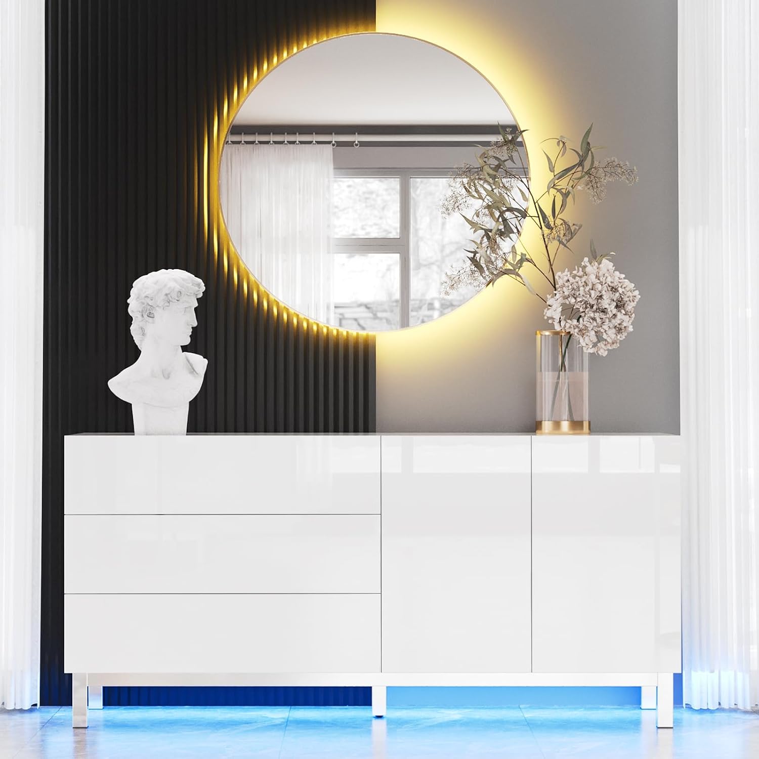 High Gloss Electroplated Sideboard Buffet with LED Lights, 63" Modern ...