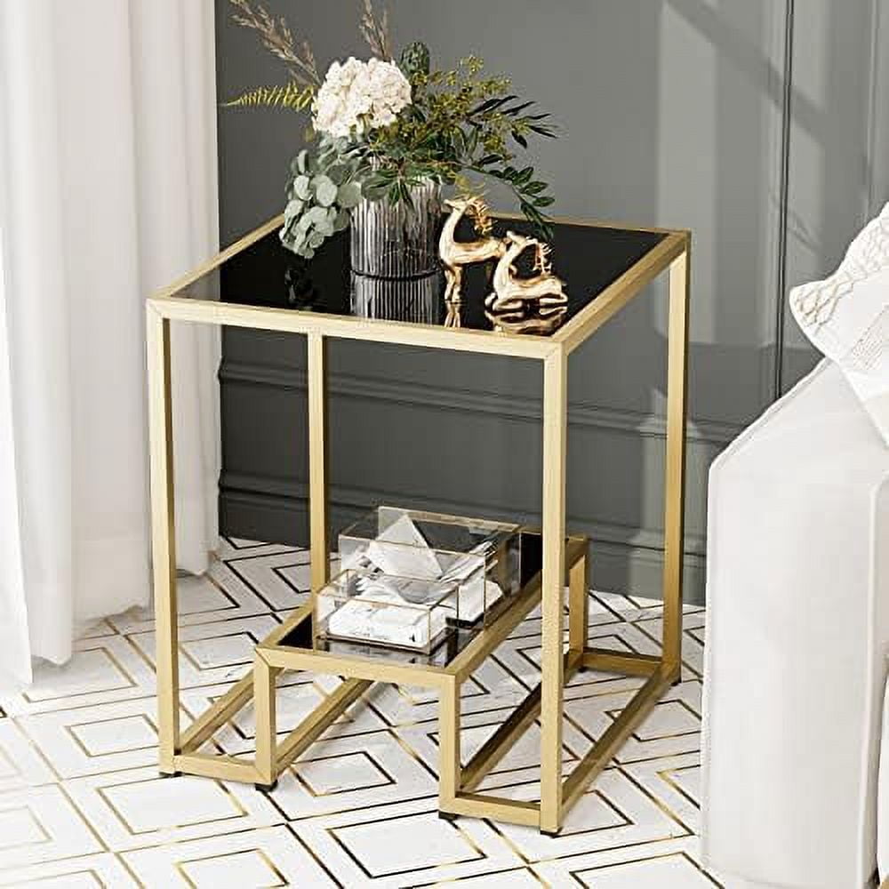 High Gloss Gold Nesting End Table 2-Tier Faux Marble Sofa Side Table ...