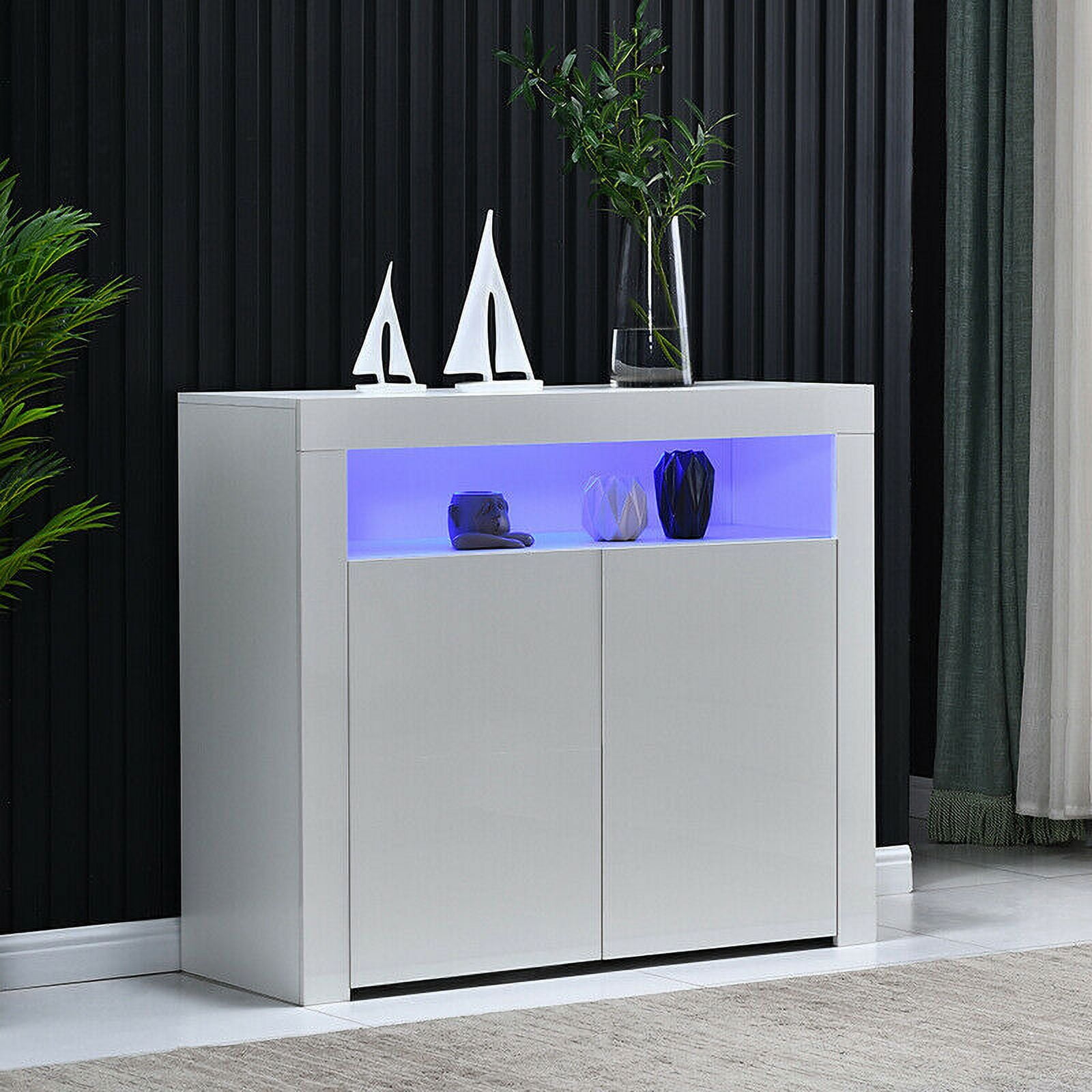 High Gloss Kitchen Sideboard Cupboard w/ LED Light Buffet Storage ...