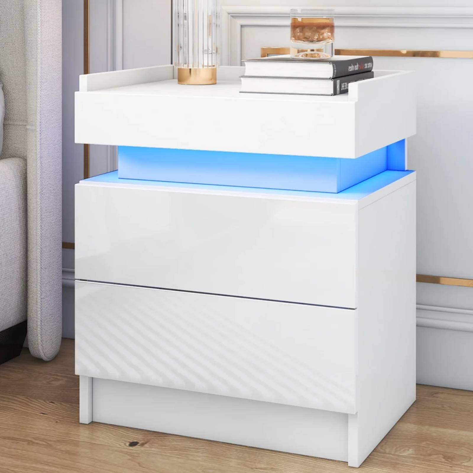 High Gloss LED Nightstand with Drawer Storage Bedroom End Table with RGB LED Backlight Size 20 x 16 x 18 Inches