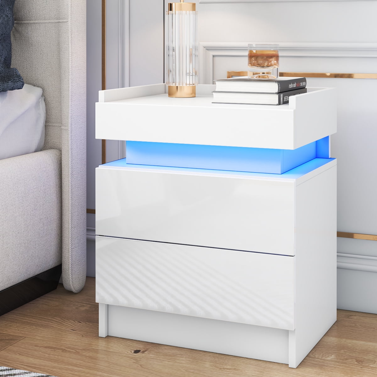 High Gloss LED Nightstand with Drawer Storage, Bedroom End Table, with ...