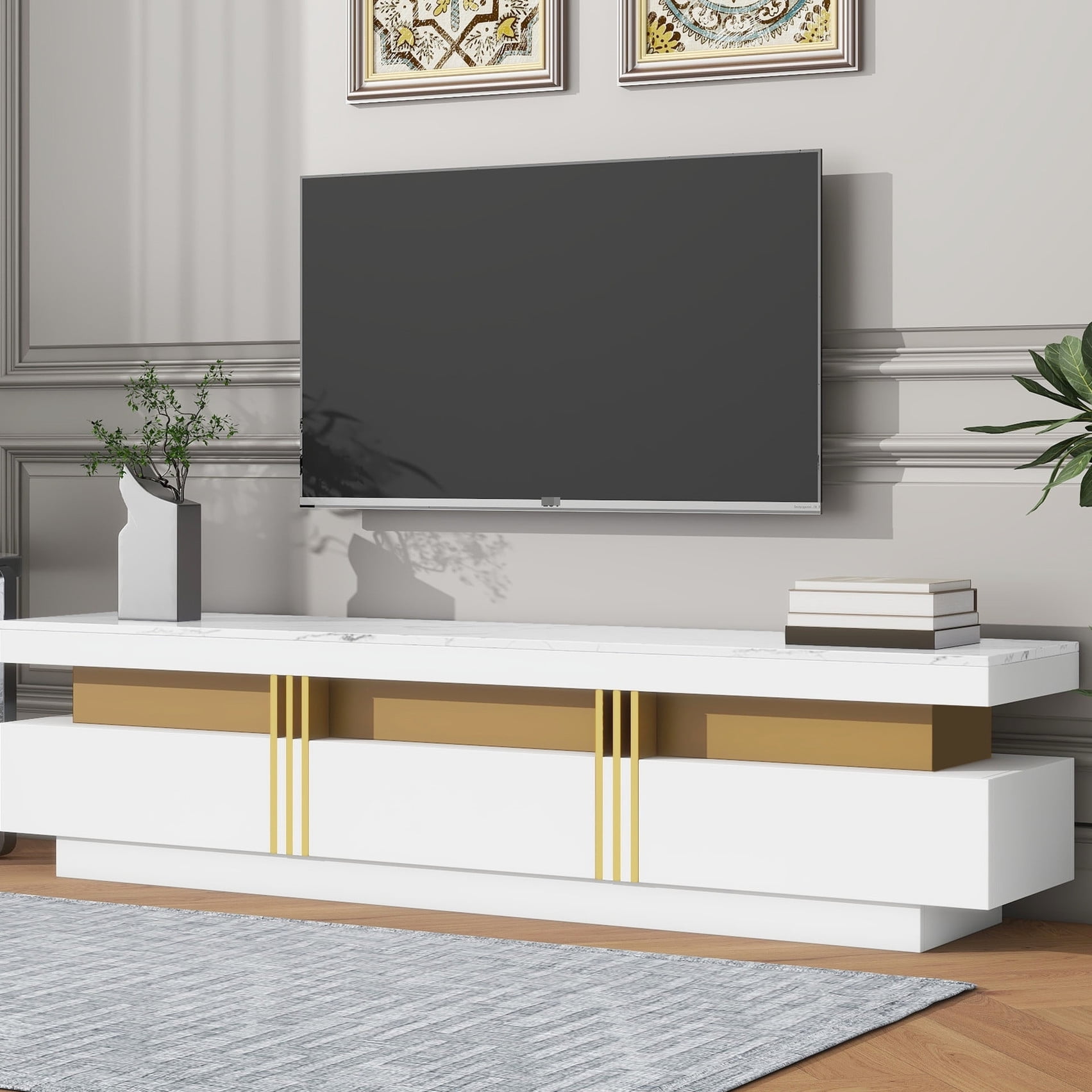 High Gloss MDF TV Stand with White Marble / Sleek and Shiny Appearance ...
