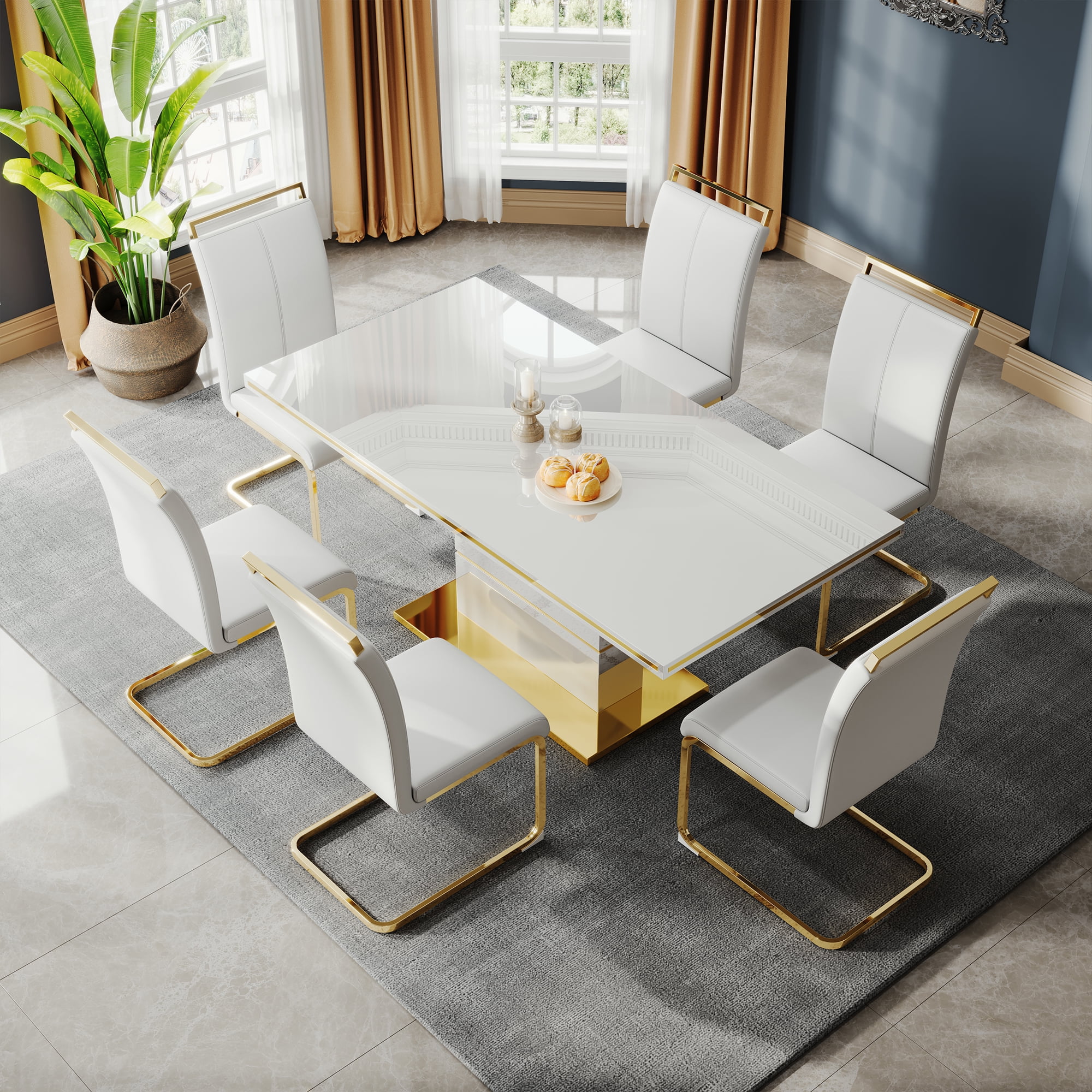 High Gloss Mdf Top Dining Table with Gold Finish Stainless Steel Base ...