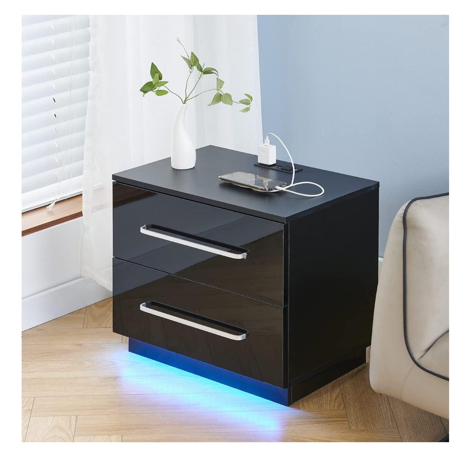 High Gloss Nightstand with Charging Station LED Side Table End Table ...