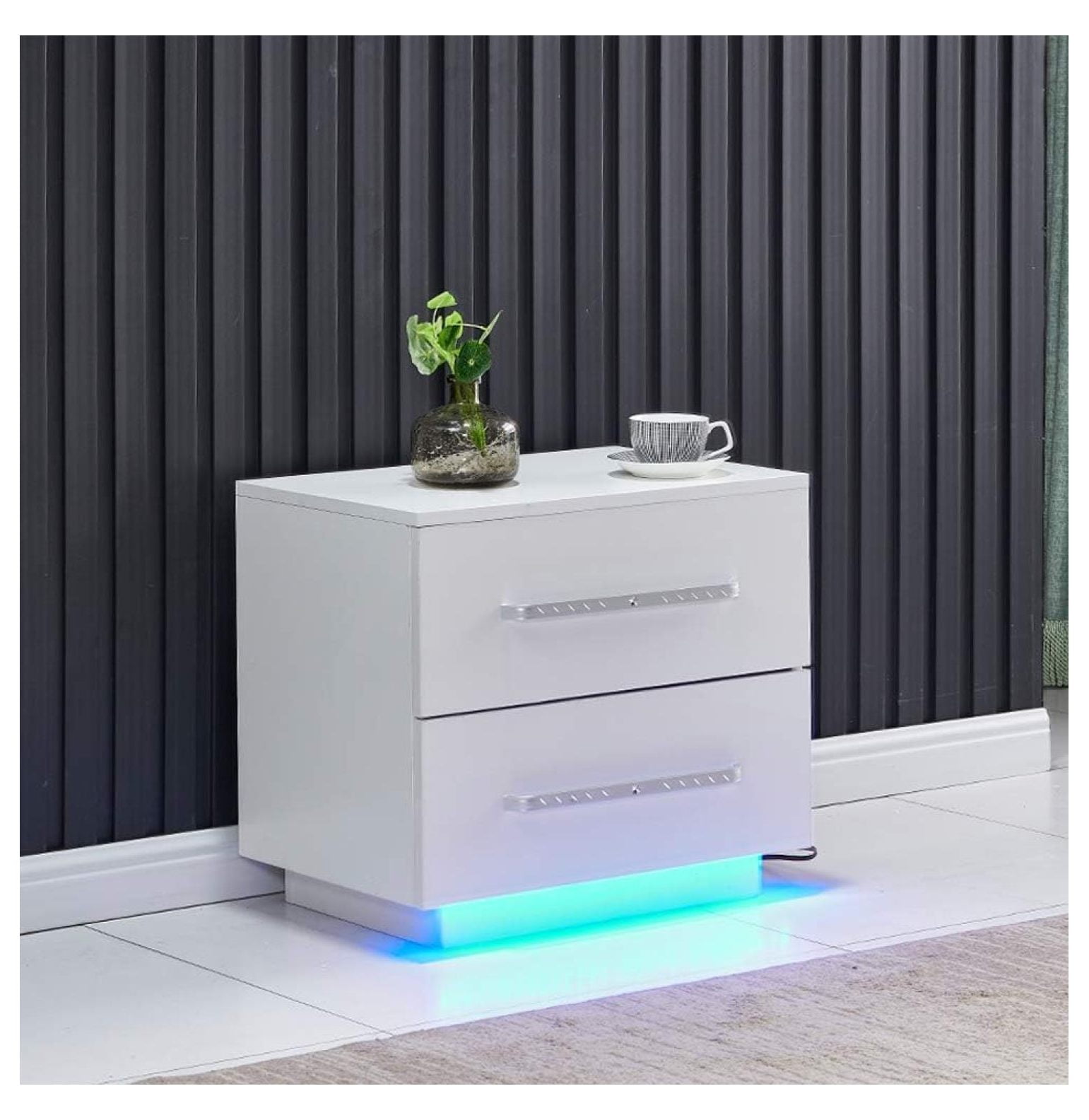 High Gloss Nightstand with LED Light Side Table End Table with Storage ...