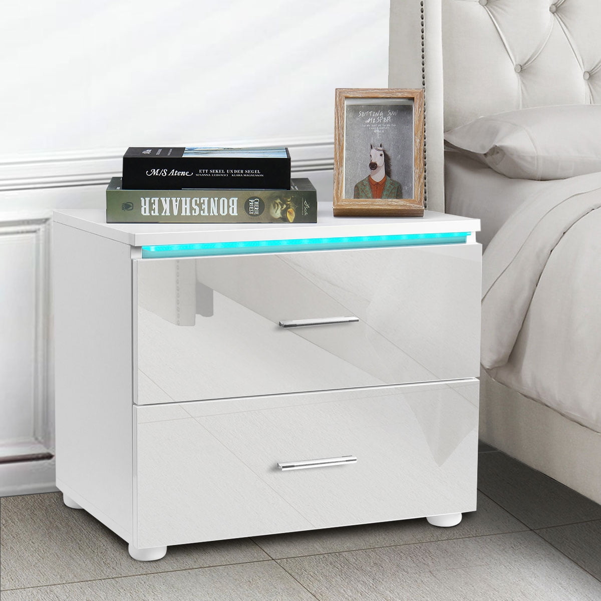 High Gloss Modern Nightstand with 2 Drawers, RGB LED Light, UV Triamine ...